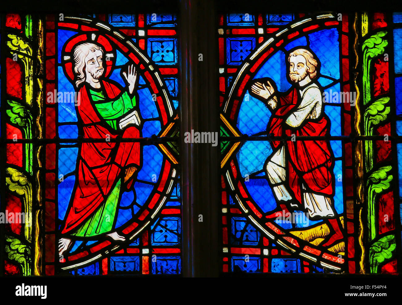 Glasmalerei-Fenster Darstellung Jesus und ein Gläubiger in der ... Glasmalerei-Fenster Darstellung Jesus und ein Gläubiger in der ...