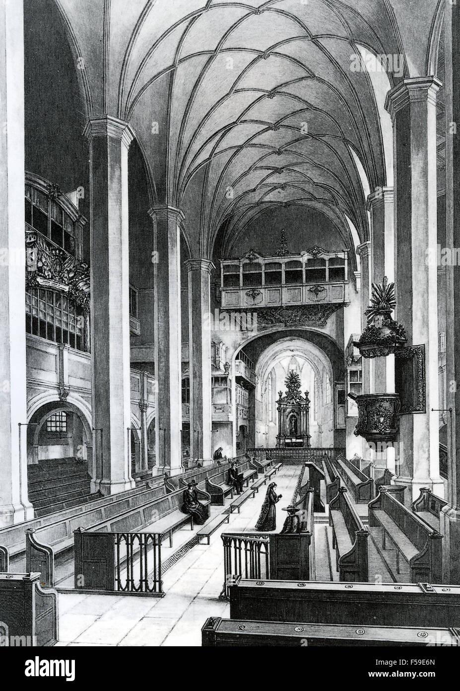 ST. THOMAS KIRCHE, LEIPZIG. Gravur der Innenraum um 1800. Bach war ...