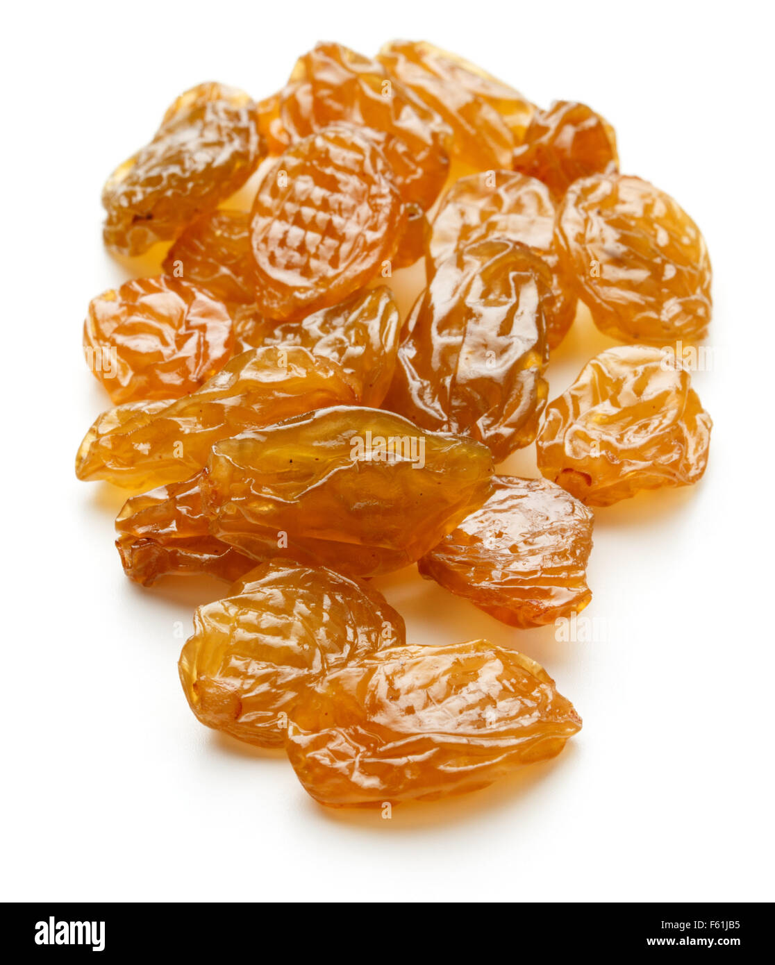 Gelbe Sultaninen Rosinen isoliert auf weißem Hintergrund Ausschnitt ...