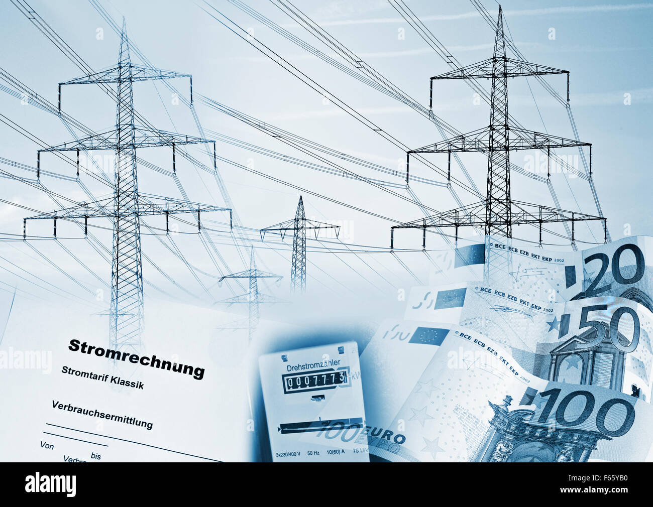 Strommasten, Stromzähler, Rechnungen und Stromrechnung Stockfotografie ...