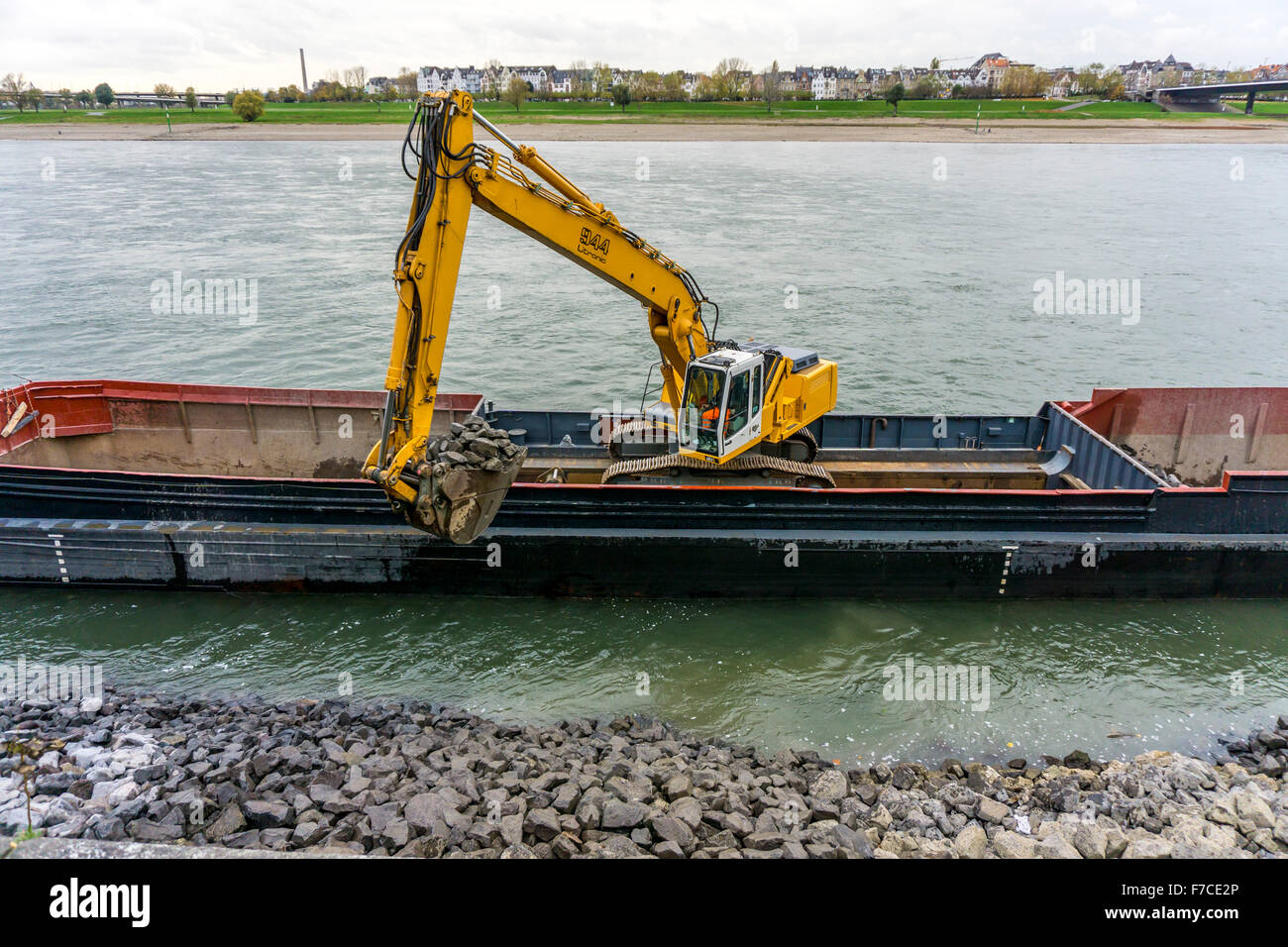 Arbeit an den Böschungen am Rhein in Düsseldorf, ein Bagger auf einem ...