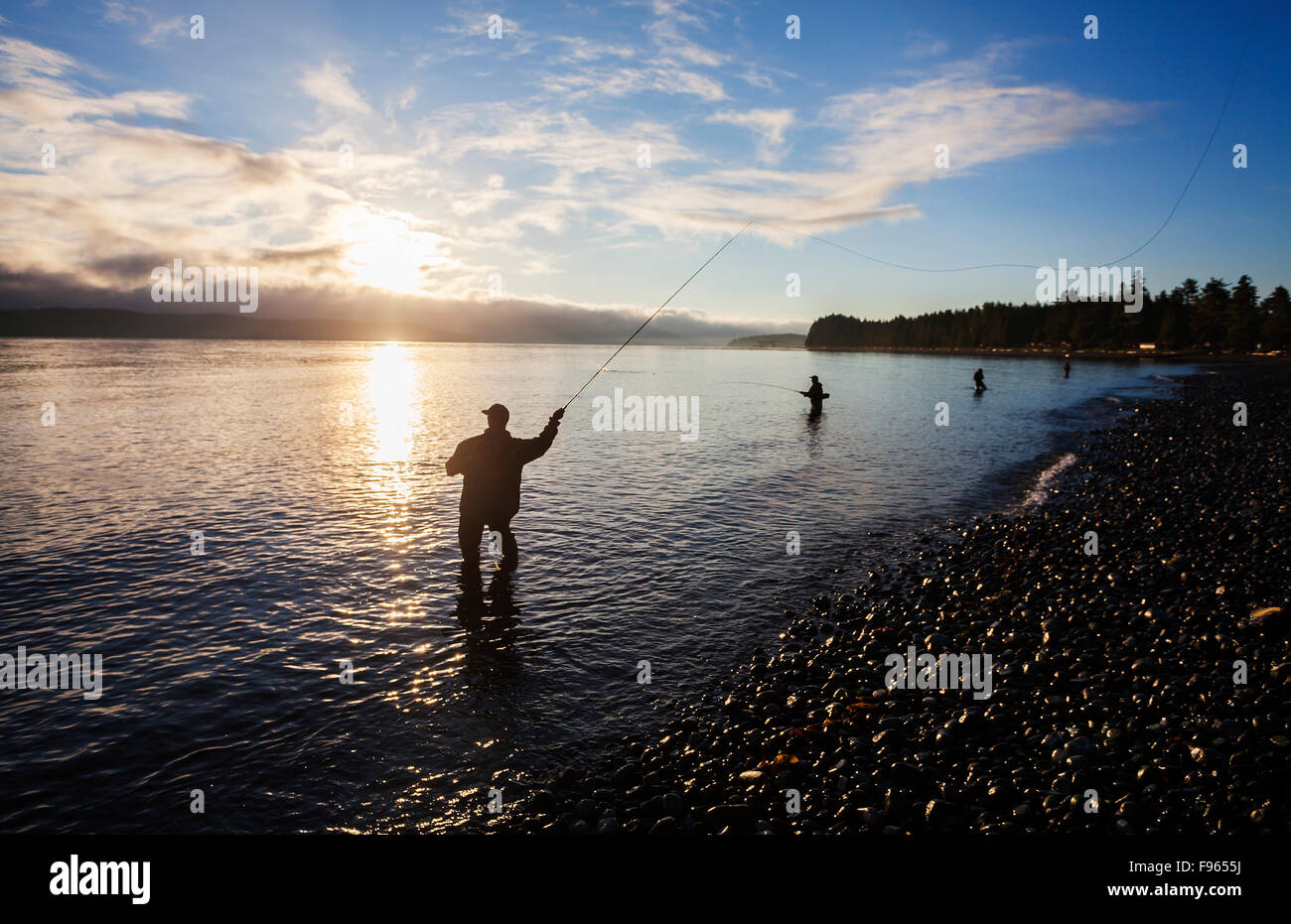 Fliegenfischer nutzen eine Ususually große Rendite von rosa Lachs ...