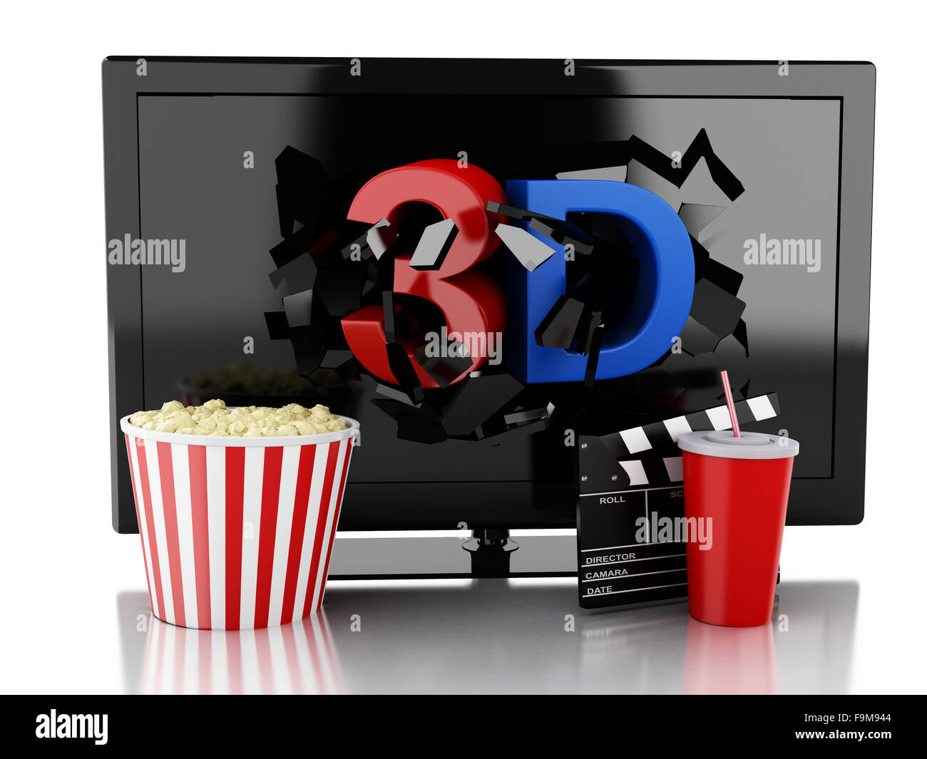 3D Renderer Abbildung. 3D TV led, Popcorn, Getränk und Clapper Board. Kinematographie Konzept ...