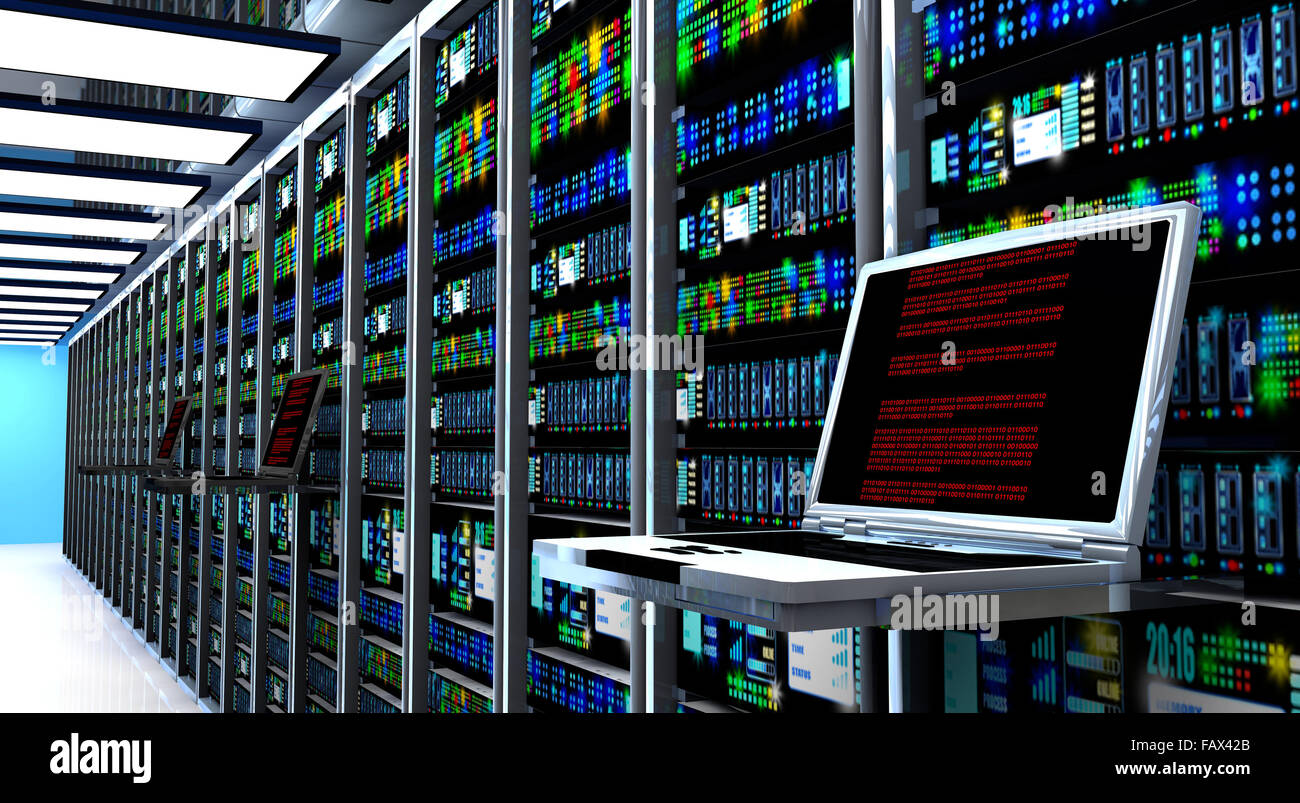 Terminal-Monitor im Serverraum mit Server-Racks im Rechenzentrum ...