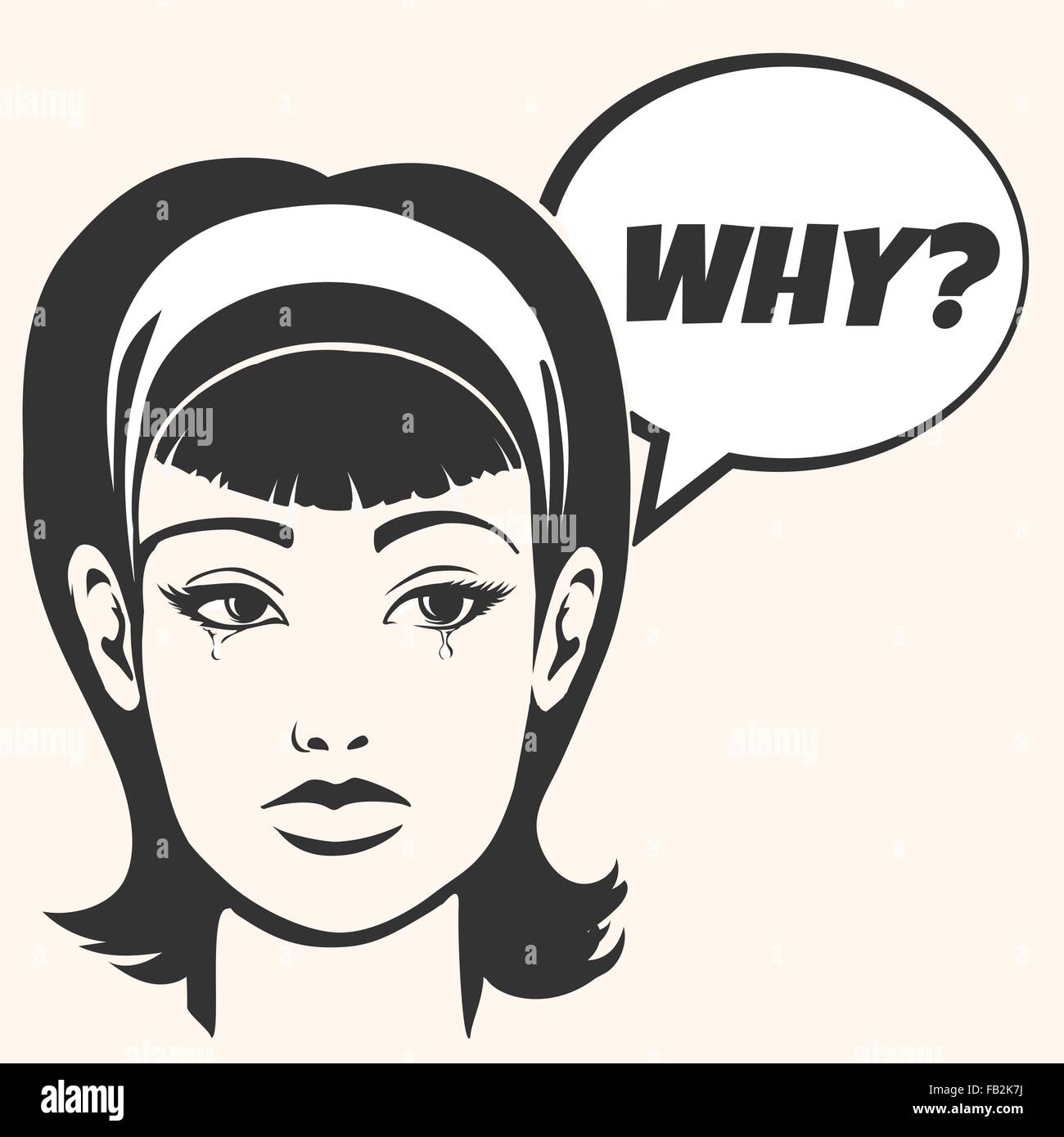 Junge Frau und Rede Blase mit Formulierung warum Weinen. Emotion ...