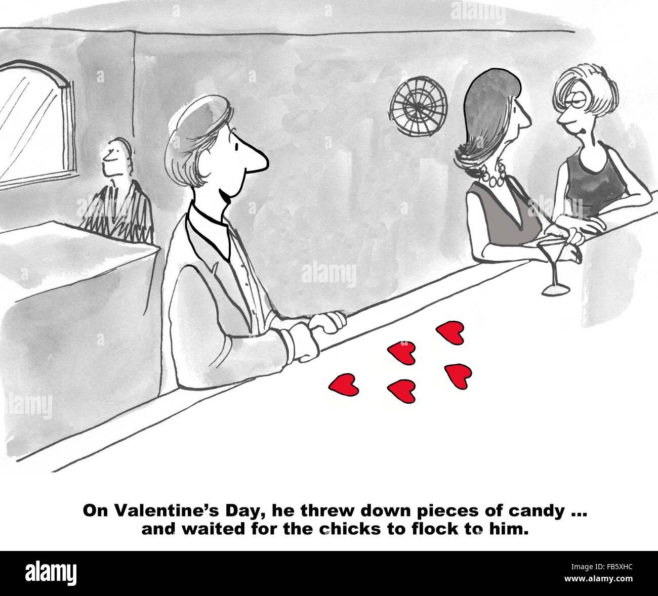 Valentinstag Cartoon. Er warf sich das rote Herz-Bonbon in der Hoffnung ...