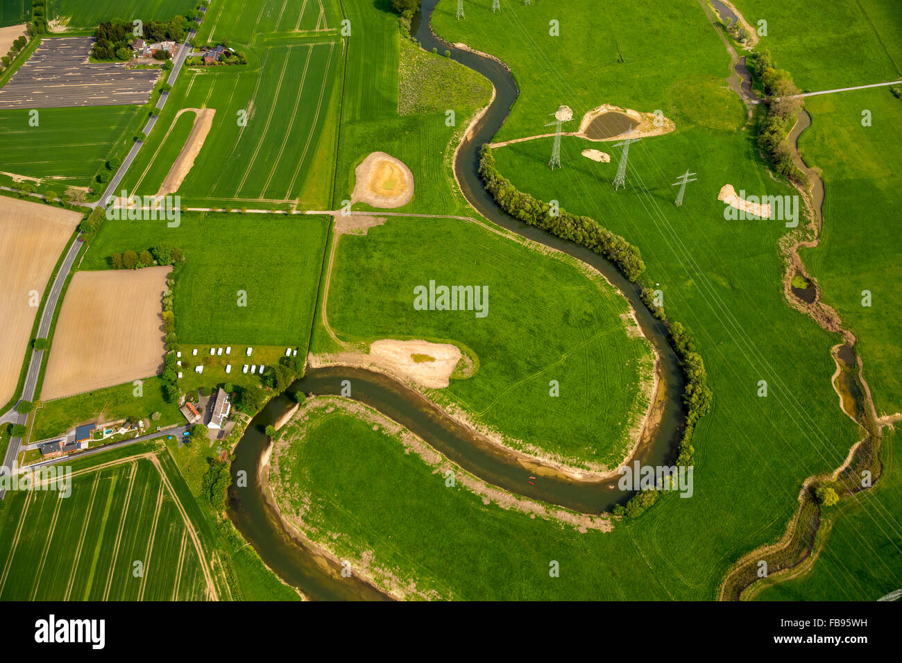 Luftaufnahme, in Bögen fließende Fluss Lippe, die Lippe ...