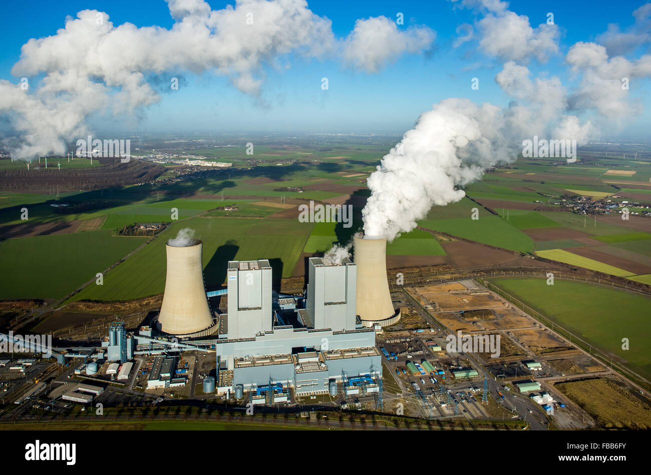 Luftbild, Neurath Kraftwerk, Kraftwerk BoA 2 und 3, Energiekonzern RWE Power, Wasserdampf ...