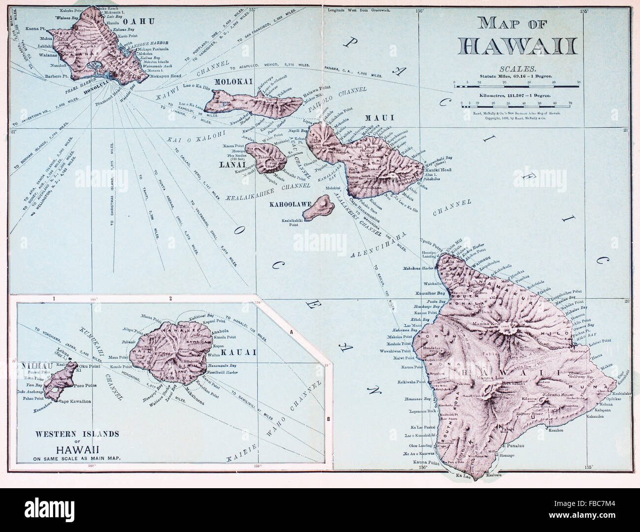 Eine Karte von Hawaii c. 1898. Die acht großen Inseln des ...