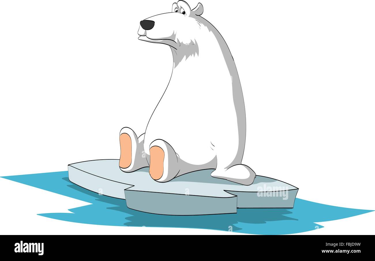 Traurig Eisbär auf einem schmelzenden Stück Eis. Comic-Illustration ...
