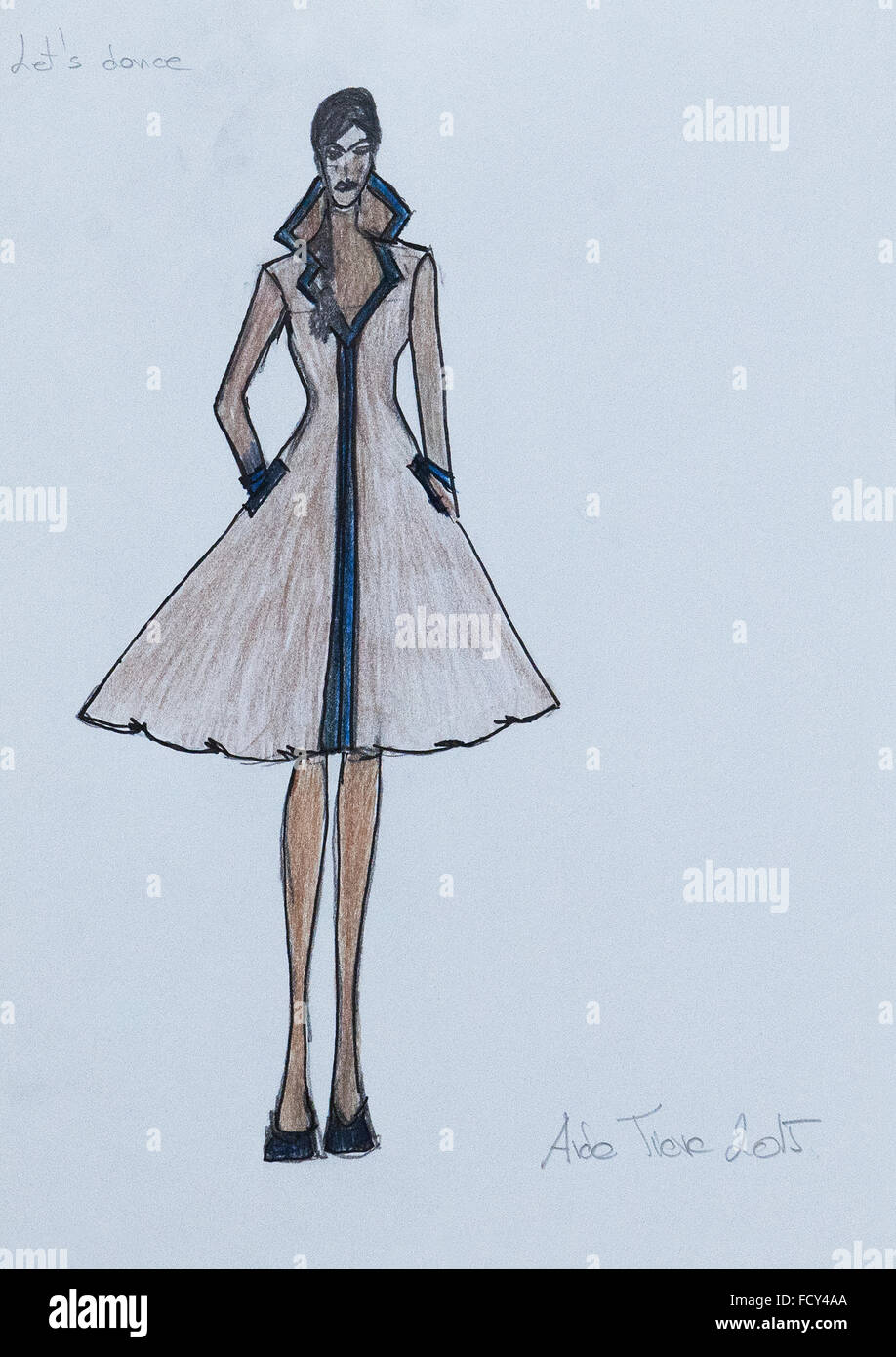 Handgefertigte Mode Skizze aus dem Kleid mit Mantel, Jacke. Lasst uns ...