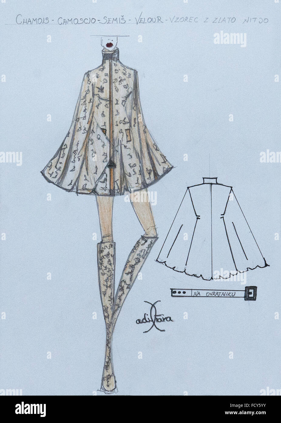 Handgemacht, Mode-Skizze einer Frau elegant, ausgestellte Cape, Jacke ...