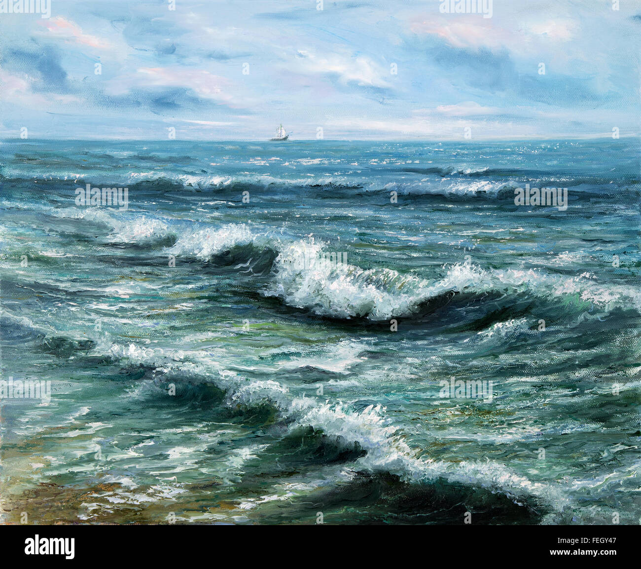 Original Ölgemälde mit Schiff oder Boot im Ozean oder Meer auf Leinwand ...