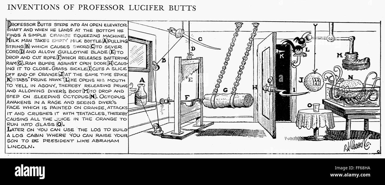 RUBE-GOLDBERG-CARTOON. /nInventions von Professor Lucifer Butts (orange ...