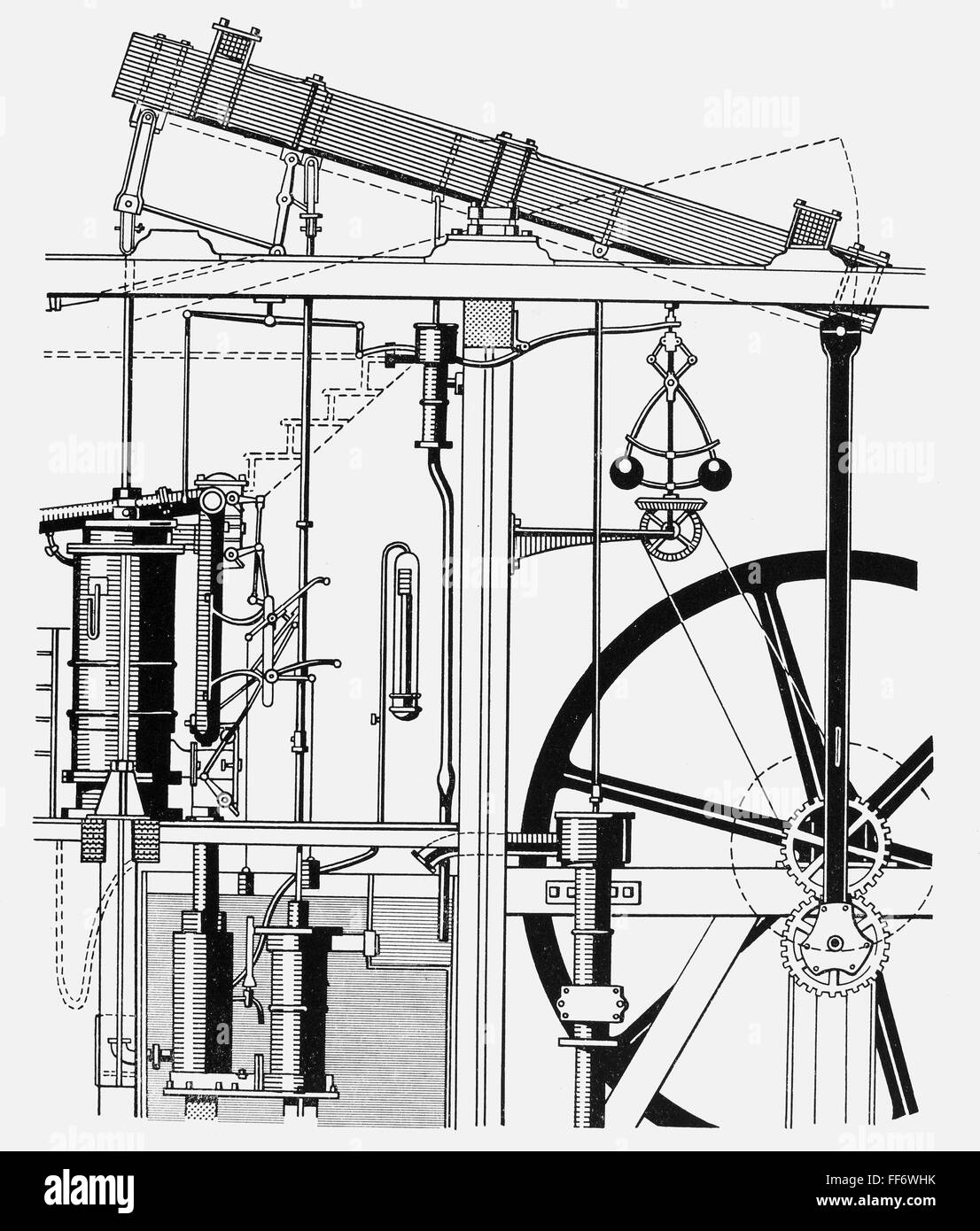 WATTS DAMPFMASCHINE. /nSchematic Zeichnung eines James Watt die erste ...
