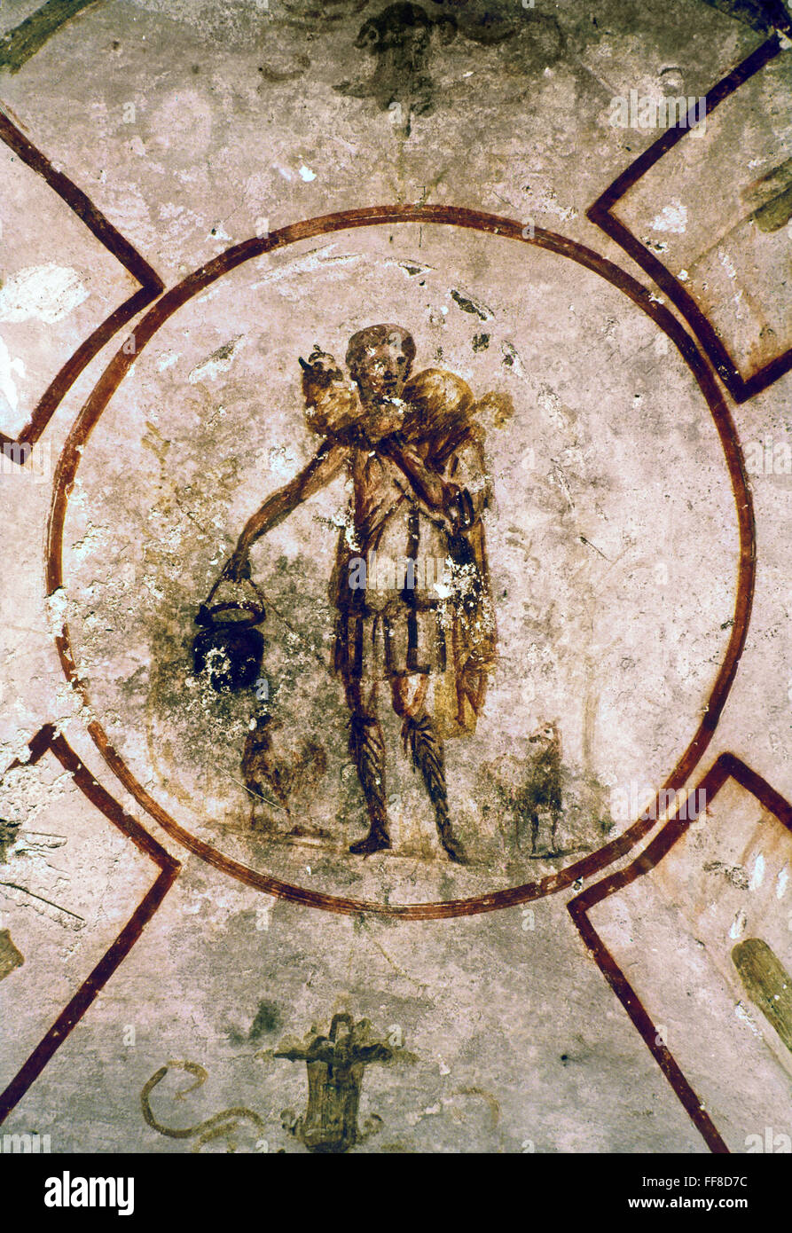 DER GUTE HIRTE. /nWith eine Vase mit Milch. Fresko von Katakomben von St. Kalixt, Rom, 3 ...