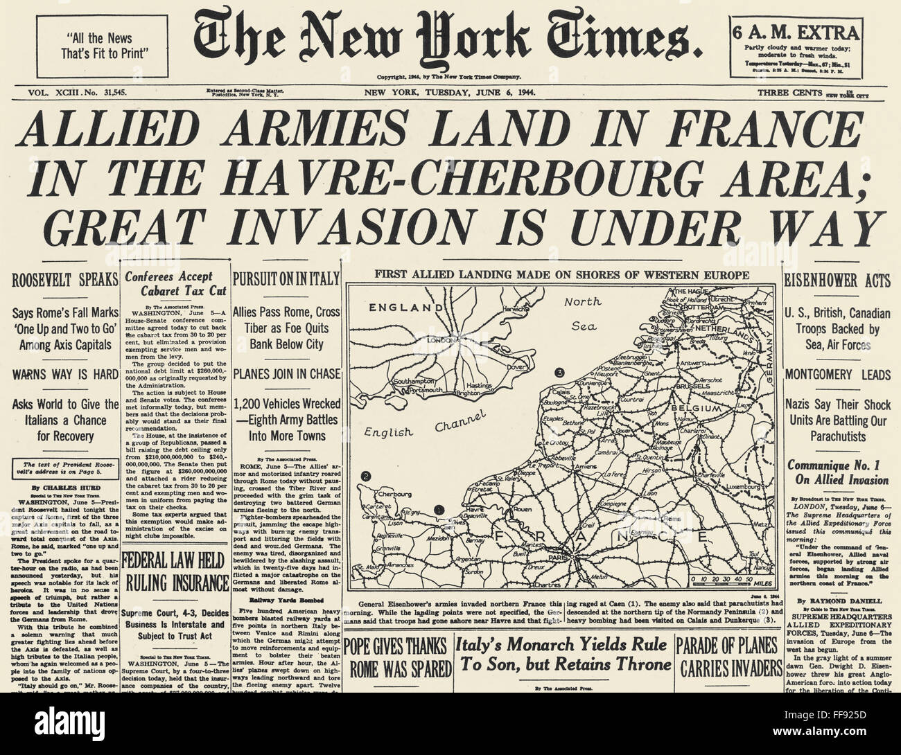 WWII: D-DAY ZEITUNG 1944. /nFront Seite von The New York Times, 6. Juni ...