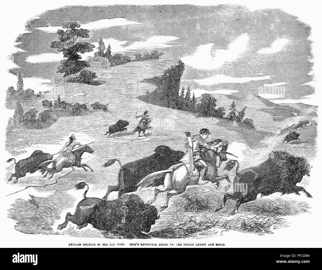BÜFFEL JAGEN, 1857. /n'Buffalo Jagd im wilden Westen. Colt Pistole ...