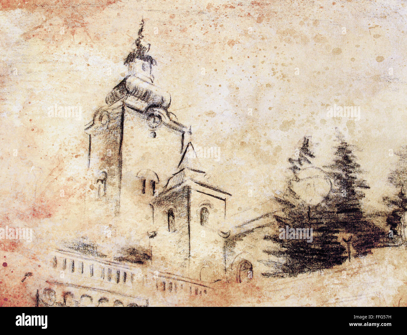 Bleistift-Skizze-Kirche, Zeichnung auf Vintage-Papier Stockfotografie ...