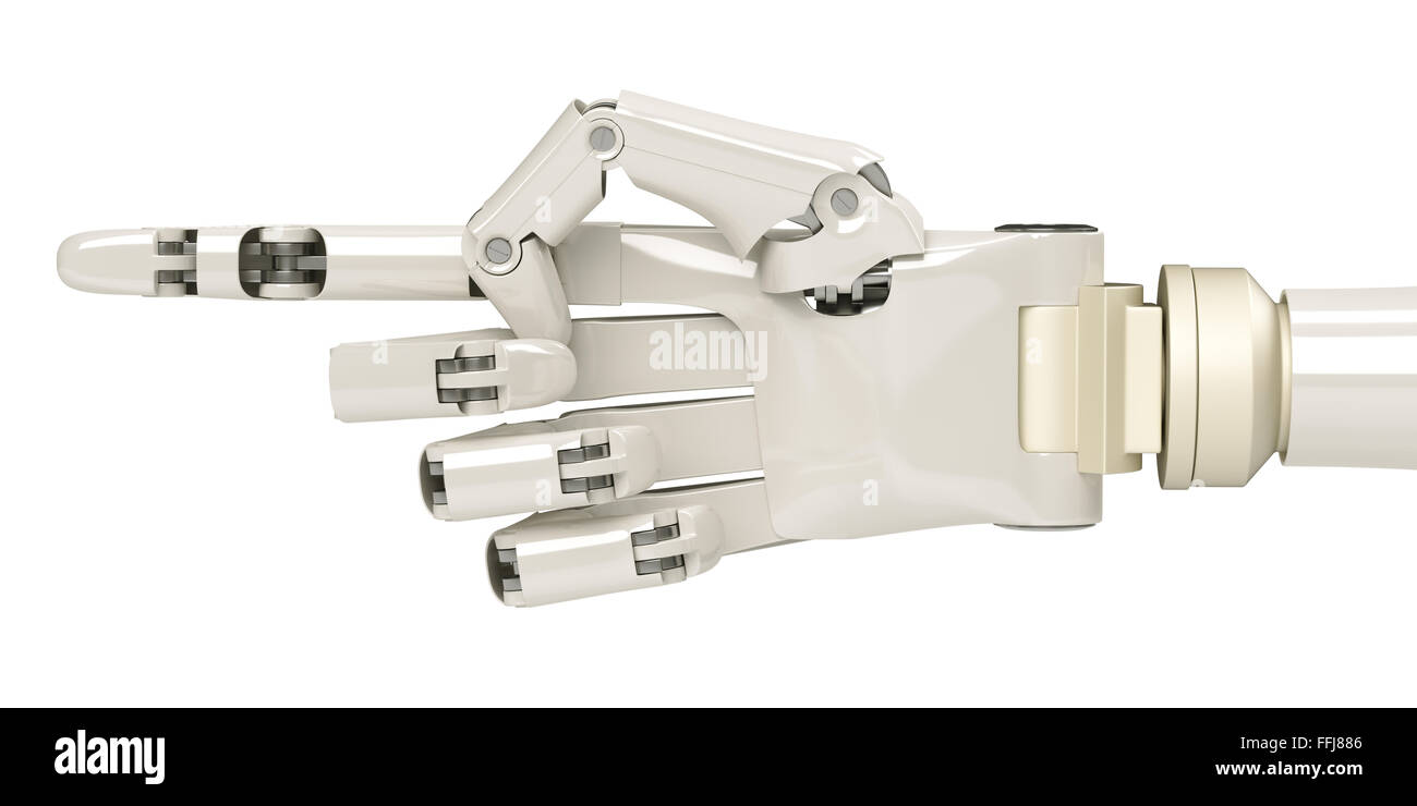 Mechanische Roboter Hand zeigen oder schieben etwas isoliert auf weiss ...