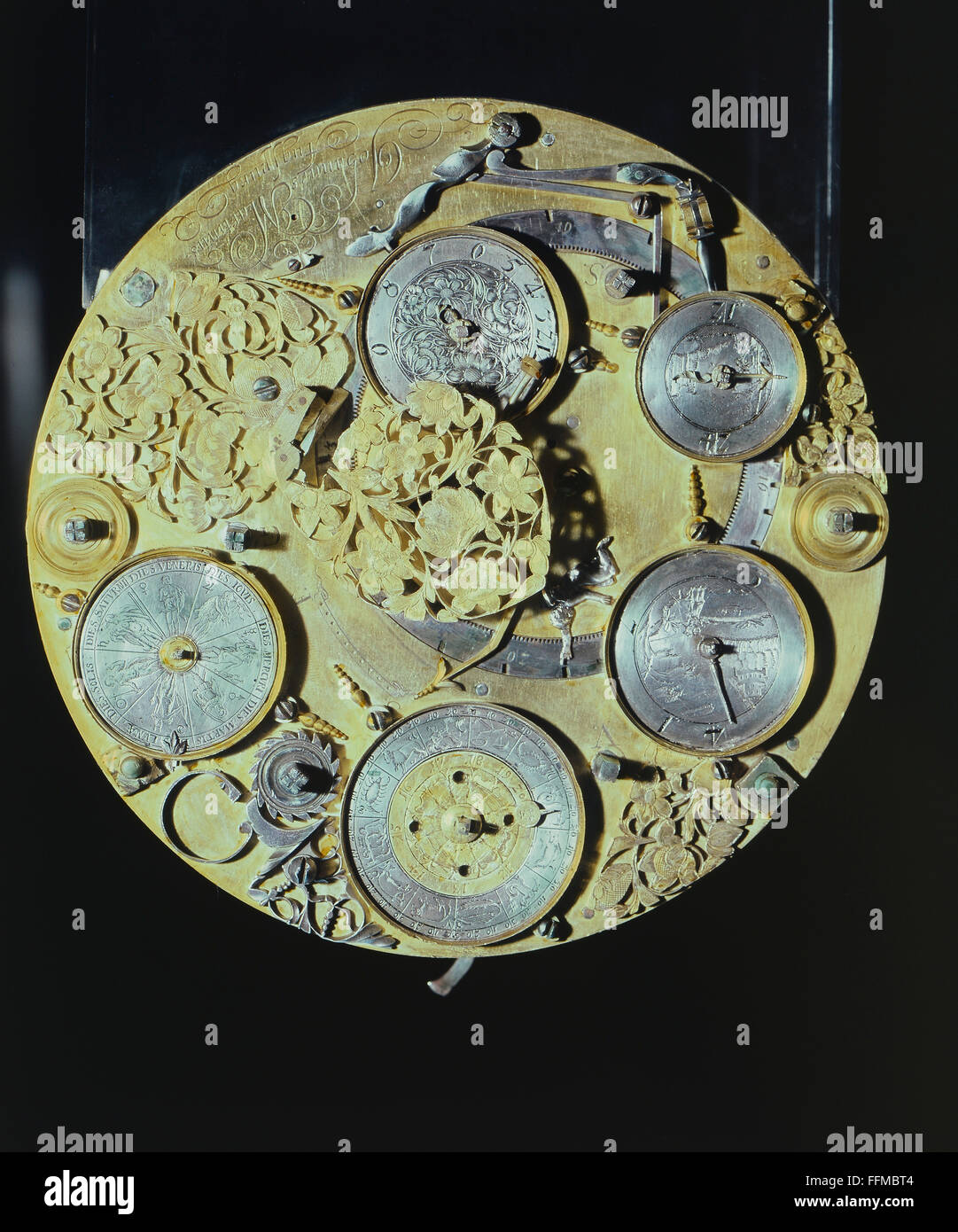 Uhr, Uhrwerk eines Tischuhr, von Johannes Martinus, Messing, vergoldet ...