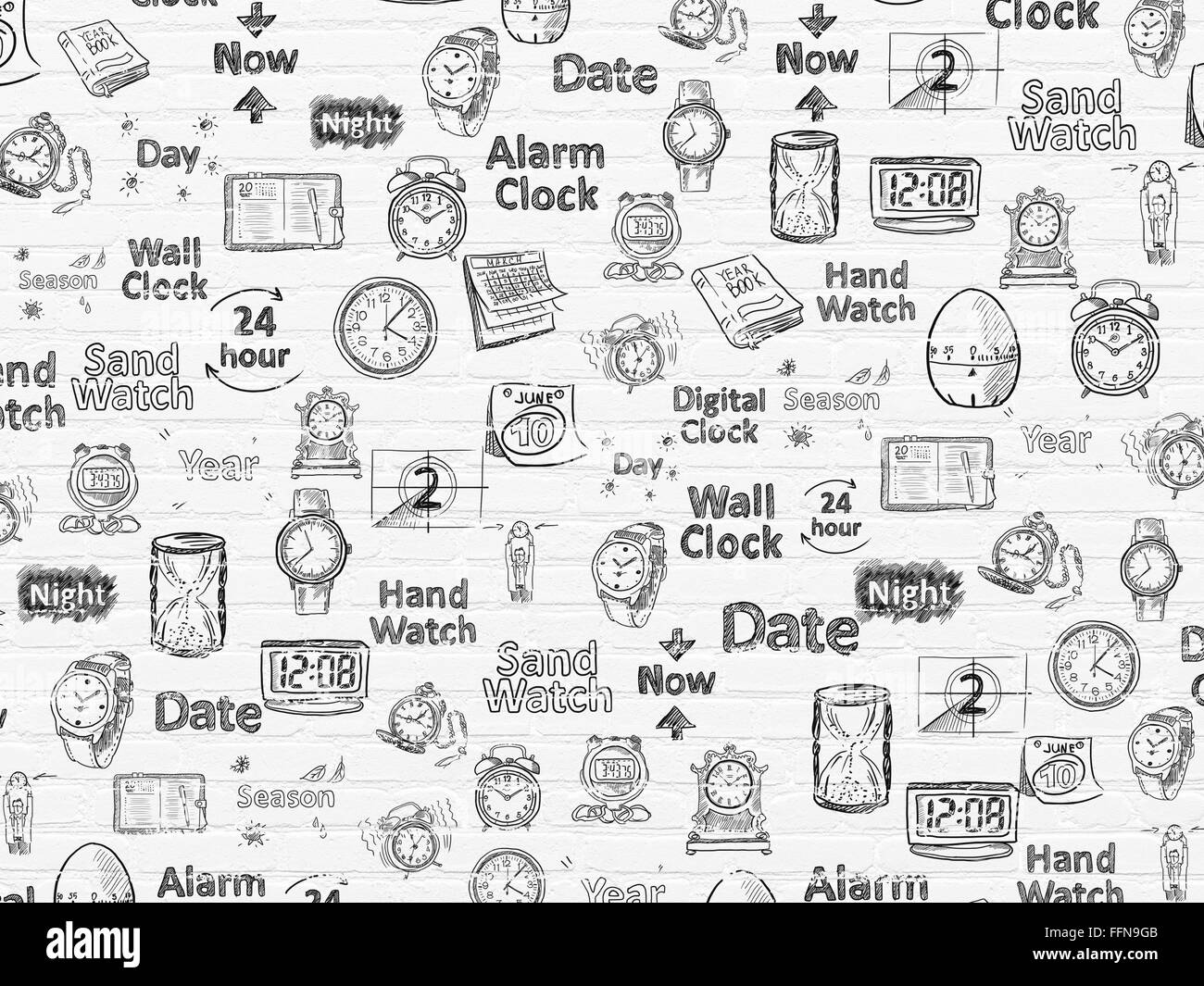 Grunge Hintergrund: weiße Ziegel Wand Textur mit schwarzen doodle Hand ...