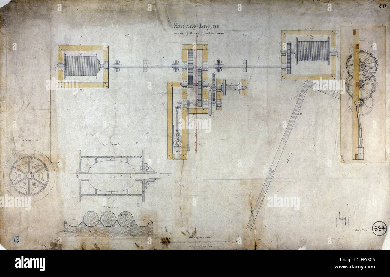 BROOKLYN BRIDGE: DIAGRAMM. /nDiagram von Maschinen zum Heben von Stein ...