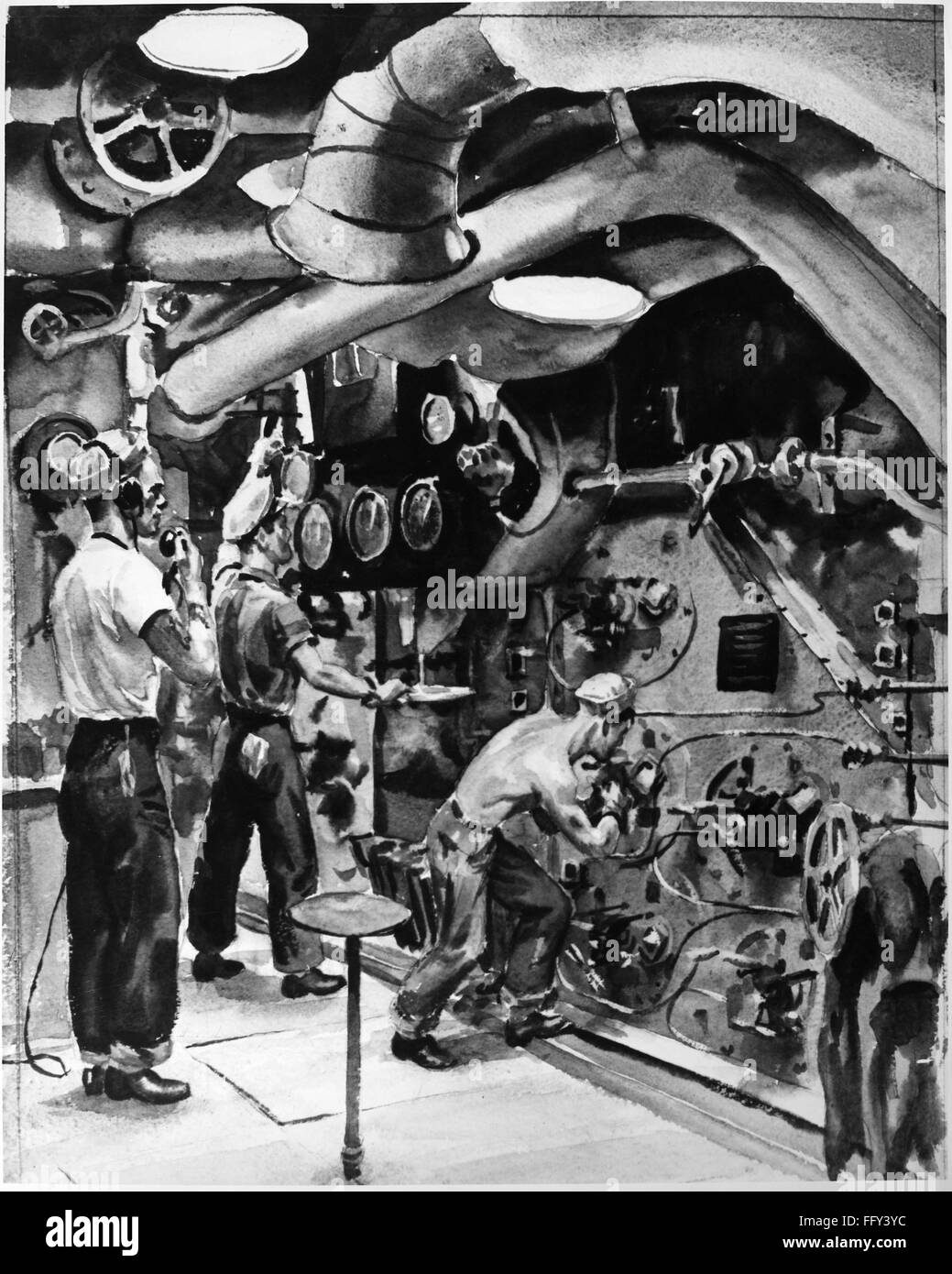 WWII: SCHLACHTSCHIFF KESSEL. /nCrew Mitglieder in den Heizraum des ein ...