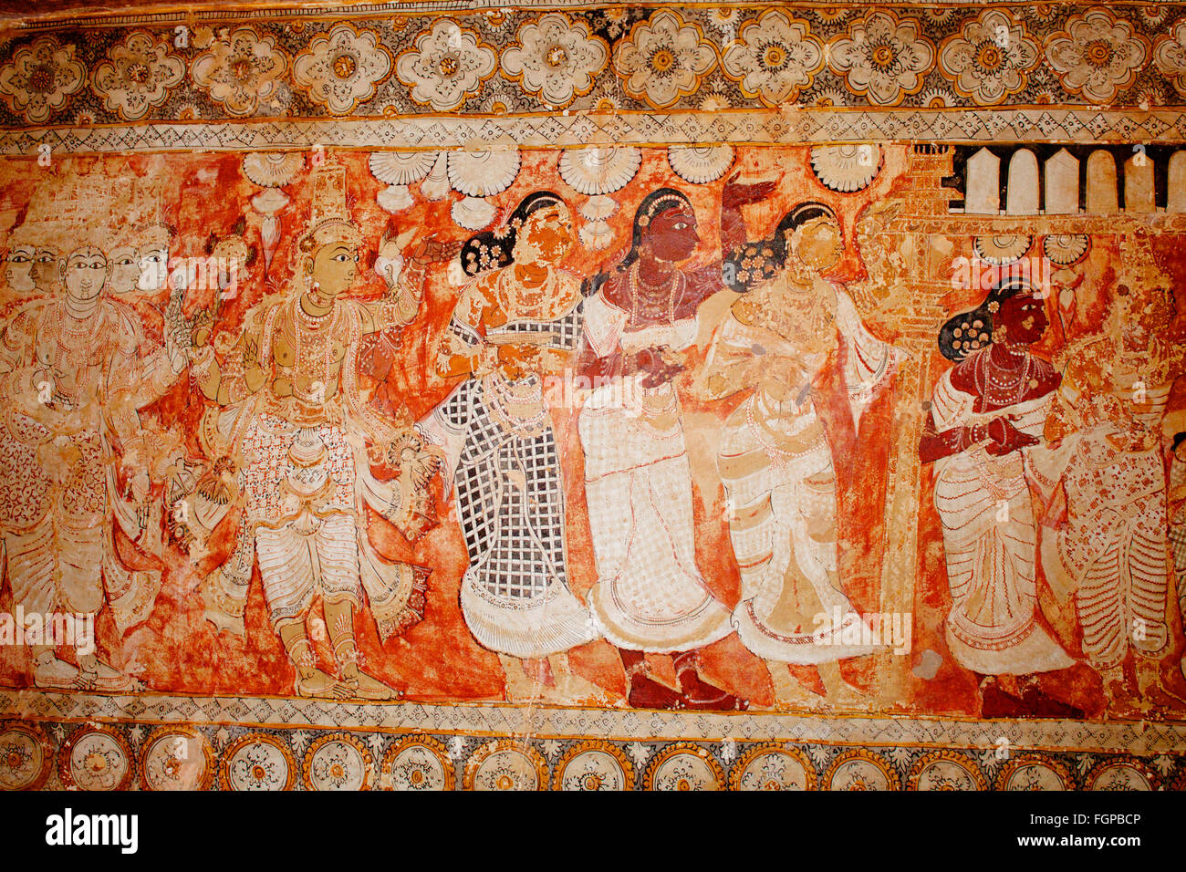 Wandmalerei, Shiva Parvathi Ehe. Vishnu mit vier Händen. Shiva mit fünf ...