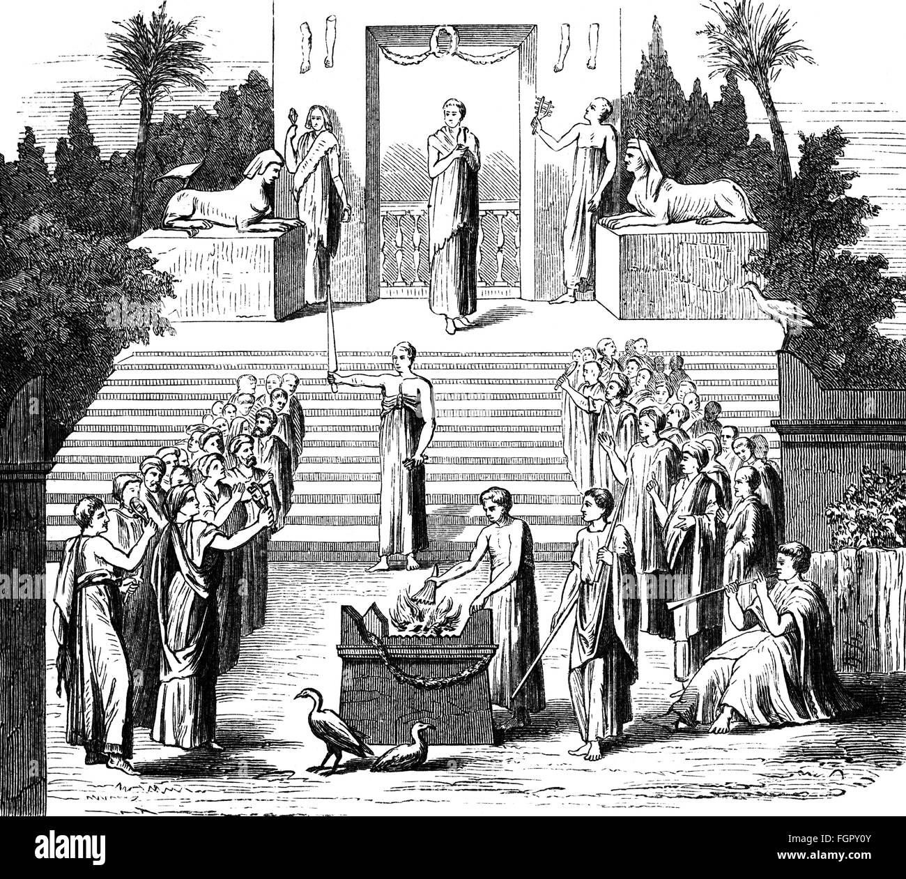 Antike Welt, Römisches Reich, Religion, Kult der Isis, Opfer, Holzstich ...