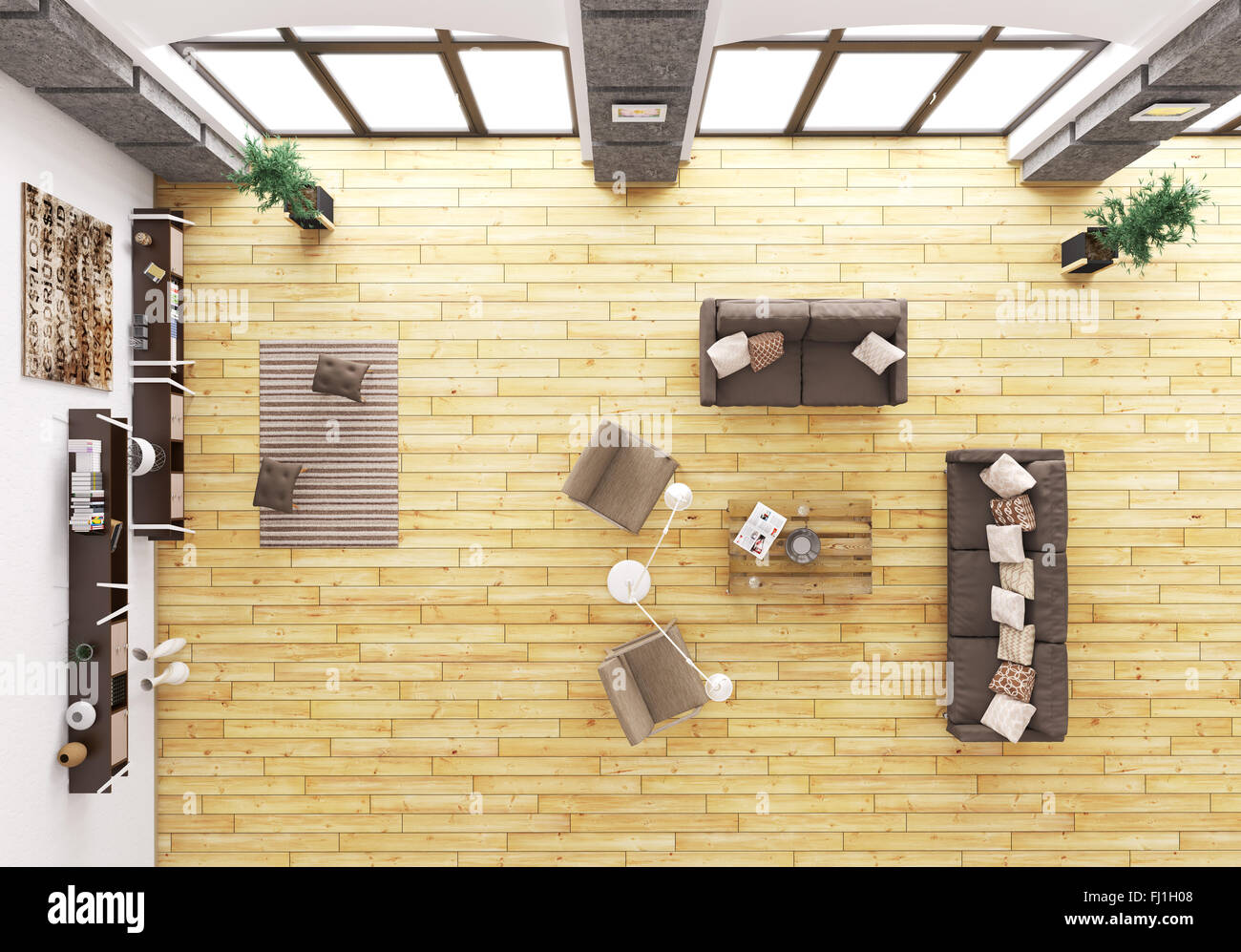 Blick von oben auf die modernen Wohnzimmer mit Sofa und Sesseln 3D ...