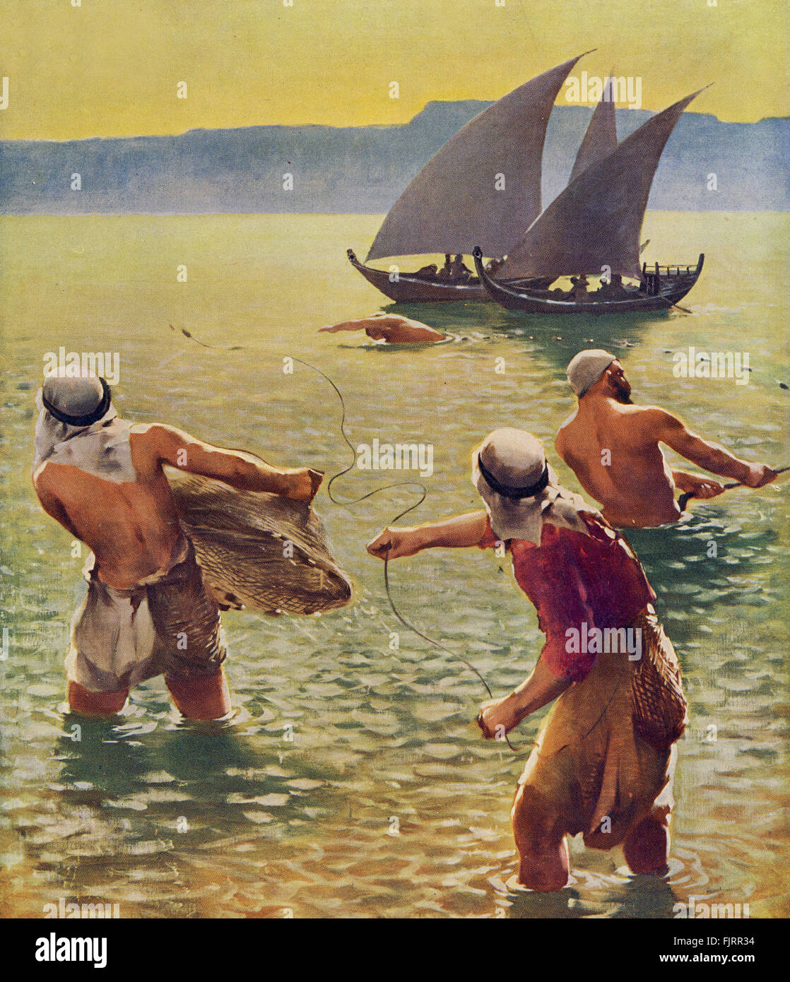 See Genezareth - Fischer wie in der Zeit von Jesus werfen Netze aus auf ...