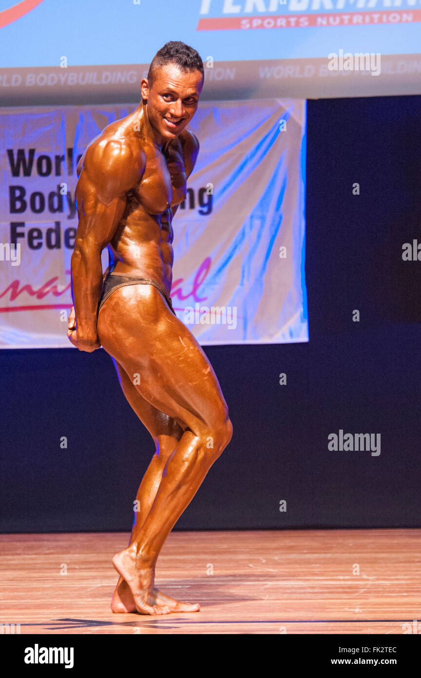 MAASTRICHT, Niederlande - 25. Oktober 2015: Männlichen Bodybuilder Ali Rezah aus dem Iran lässt ...