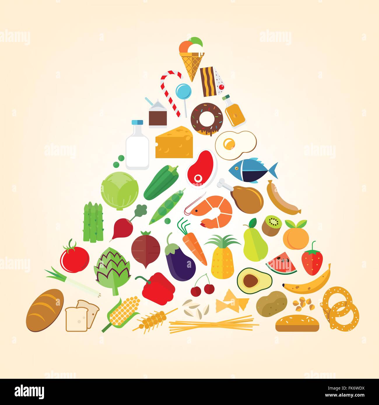 Flaches Design Essen Vektor Symbole angeordnet als Ernährungs-Pyramide ...