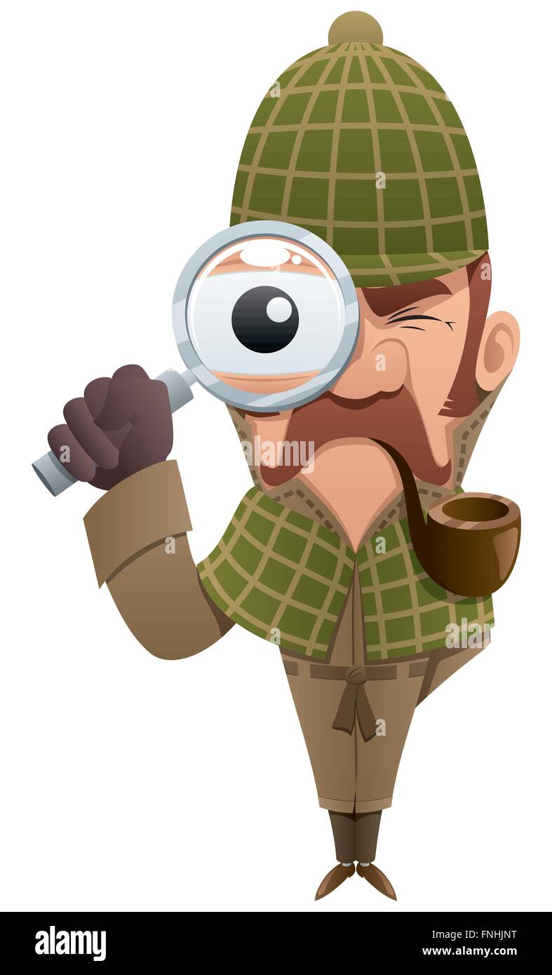 Comic-Illustration des Detektivs, betrachtet man Sie durch Lupe. Keine ...