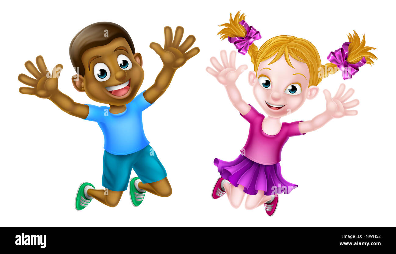 Cartoon-Jungen und Mädchen, eine schwarze und eine weiße, springen vor ...