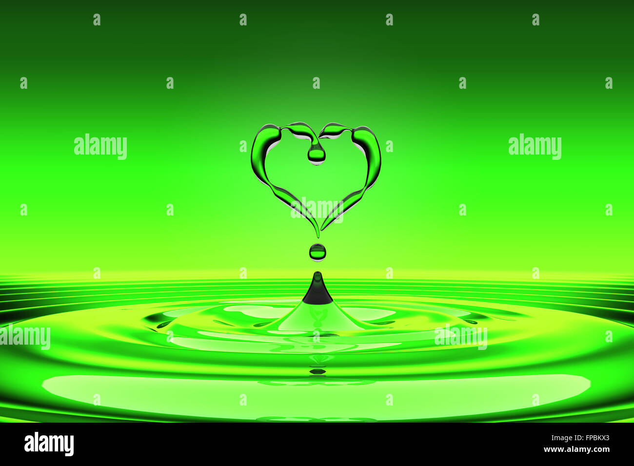Herzförmige grüne Wassertropfen und Spritzer mit Wellen. FAQ-Konzept ...