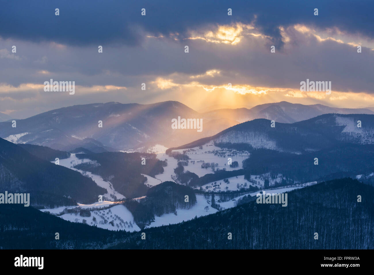 Blick von peilstein bei Sonnenuntergang, schwarzensee, Lower Austria ...