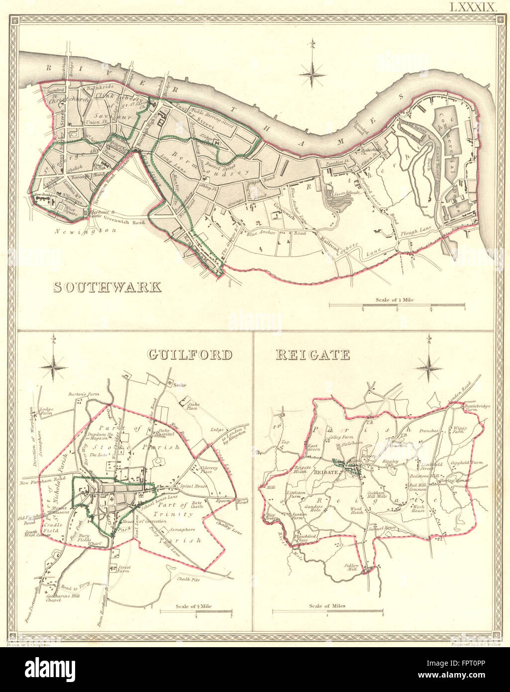 SOUTHWARK; GUILDFORD; REIGATE: Stadtplan, 1835 Antike Landkarte ...