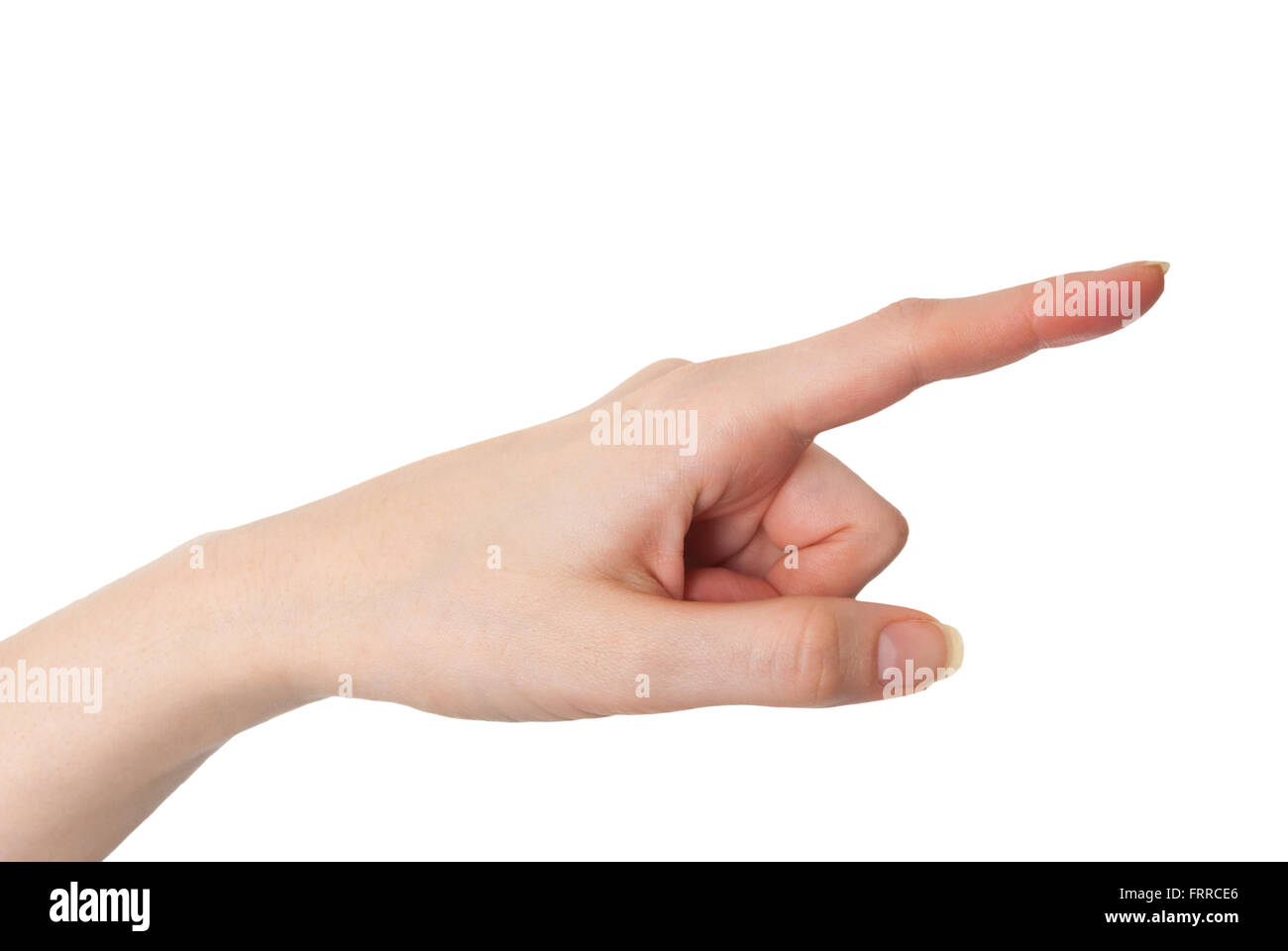 Weibliche Hand zeigt mit dem Zeigefinger isoliert auf weißem Hintergrund Stockfotografie - Alamy