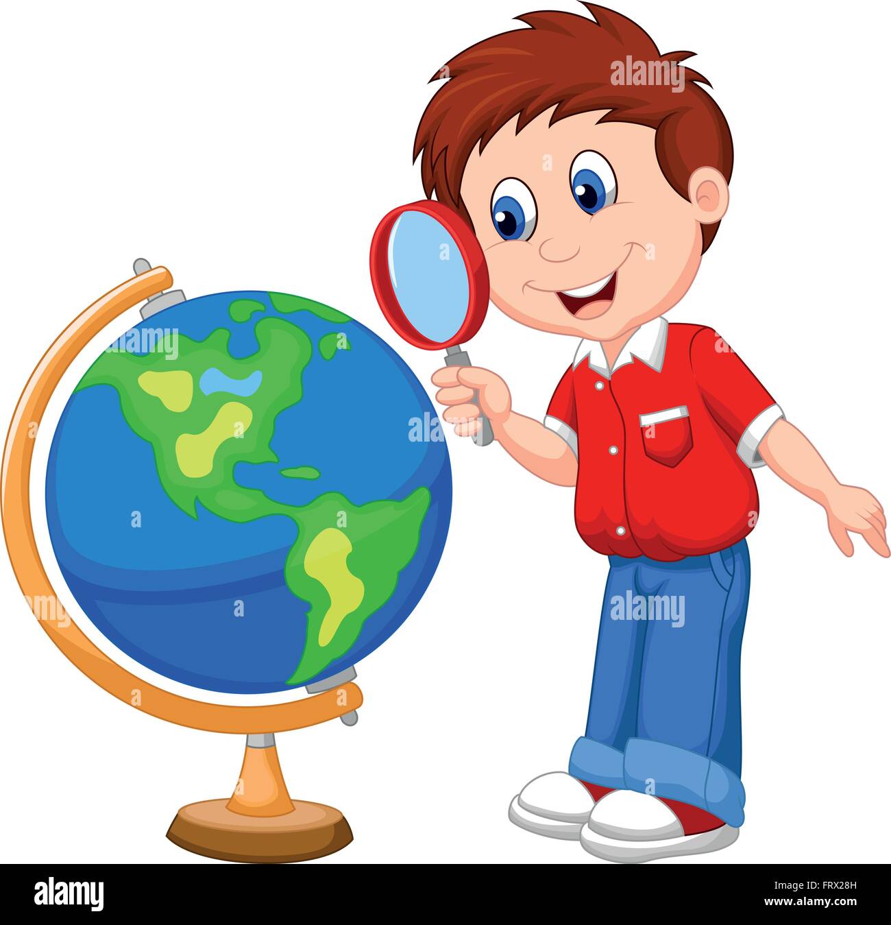 Cartoon Boy mit Lupe suchen bei Globe Stock-Vektorgrafik - Alamy