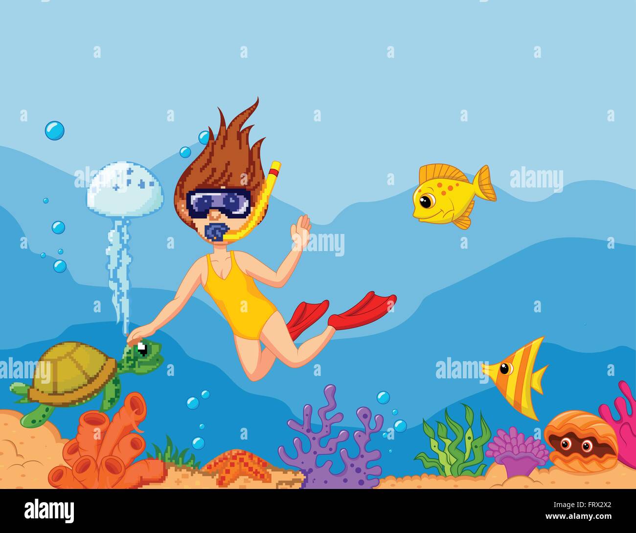 Cartoon Illustration Scuba Diver Girl Stockfotos und -bilder Kaufen - Alamy
