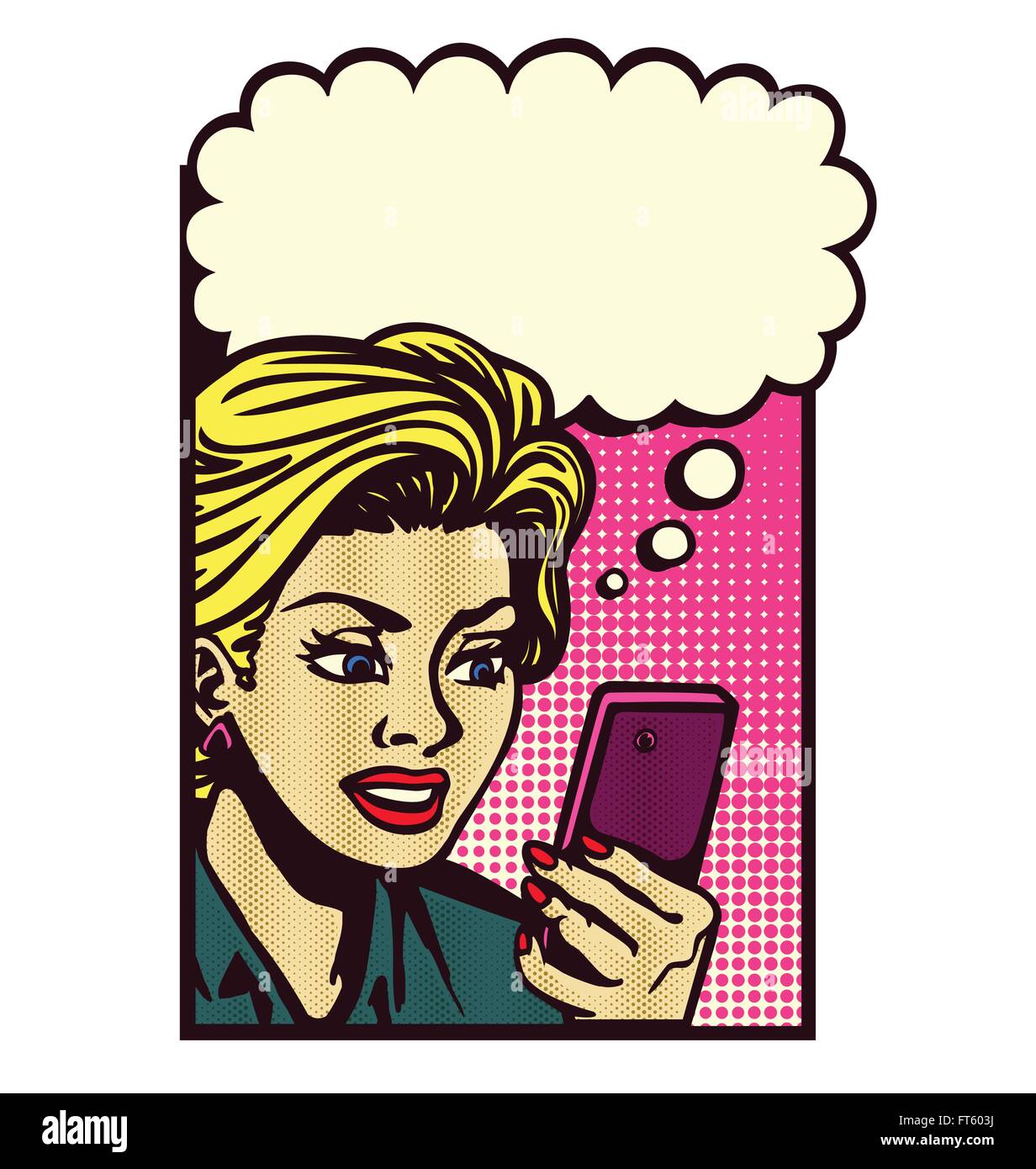 Retro Comic Buch Style Frau betrachten Smartphone, SMS, messaging und ...