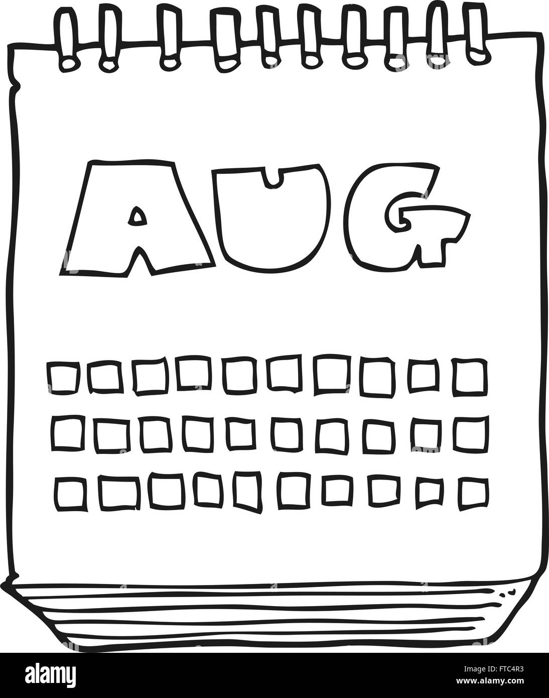 freihändig gezeichnet schwarz / weiß Cartoon Kalender Monat august ...