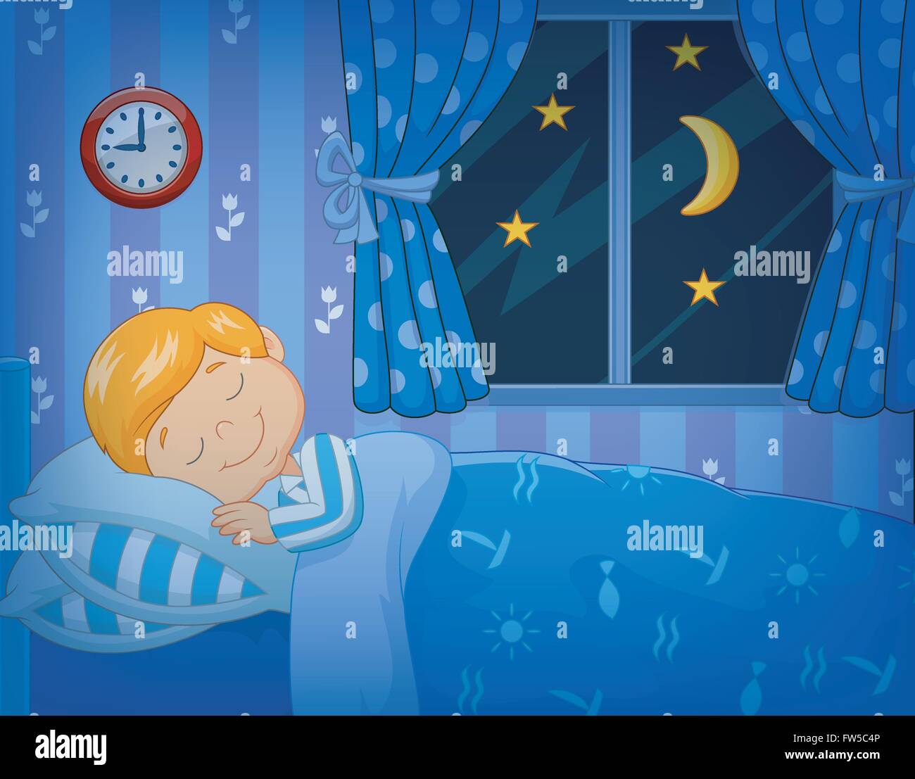Cartoon-kleiner Junge schlafend im Bett Stock-Vektorgrafik - Alamy