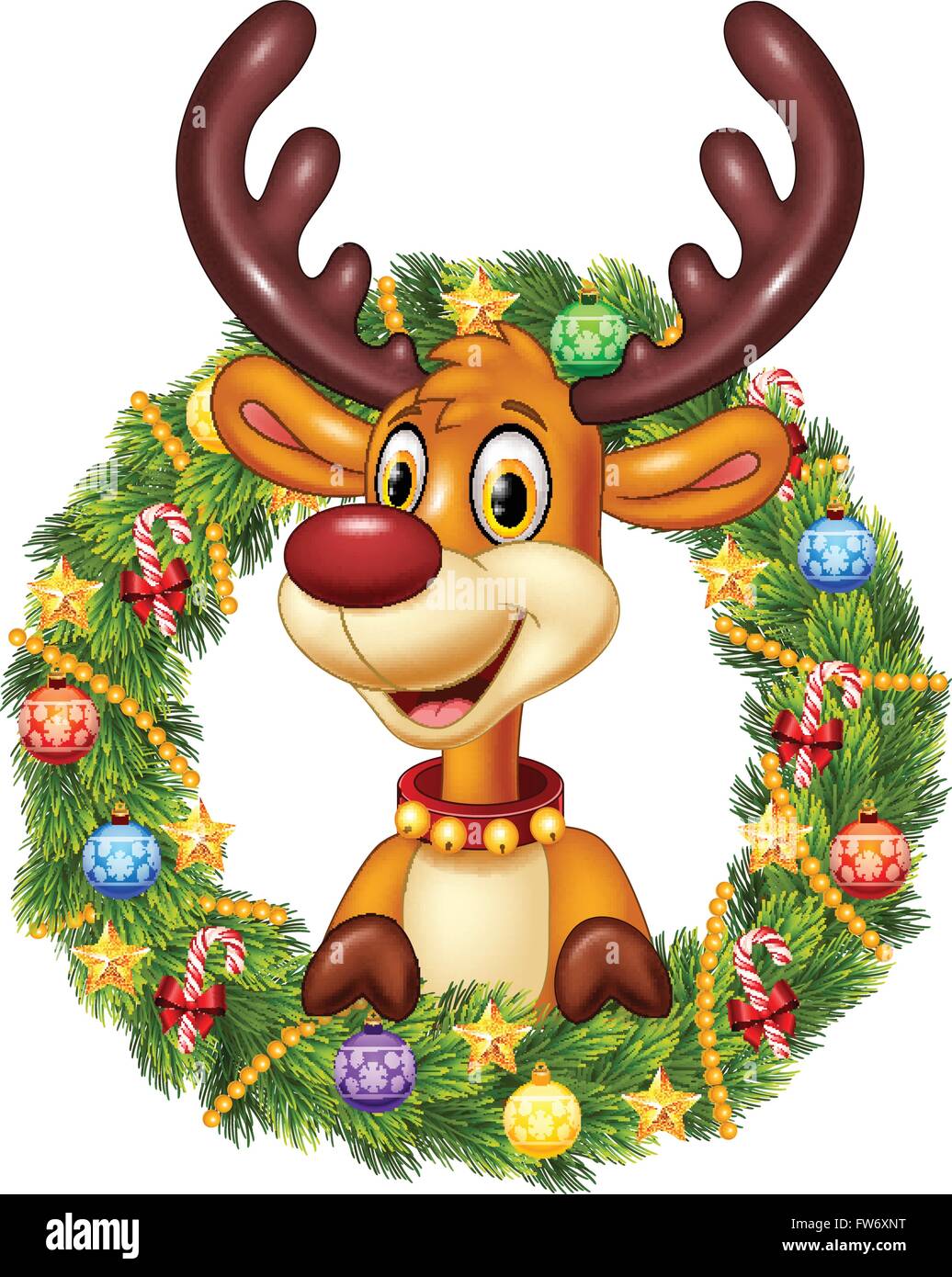 Karikatur lustige Reh hält Weihnachtskranz mit Bändern, Bällen und ...