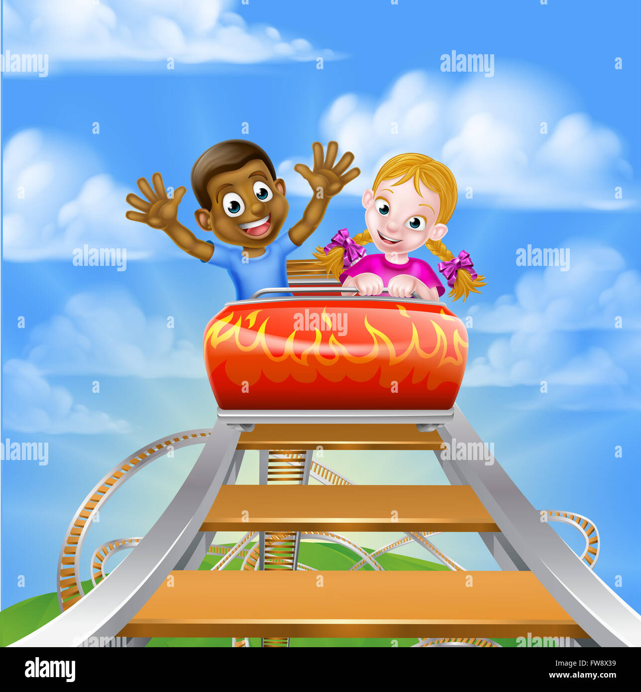 Cartoon Jungen und Mädchen reiten auf einer Achterbahn fahren in einem ...