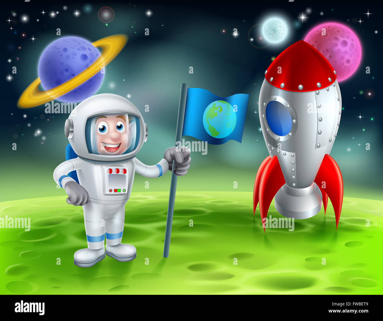 Eine Abbildung eines Cartoon Astronaut und Retro Rocket Raumschiff oder ...