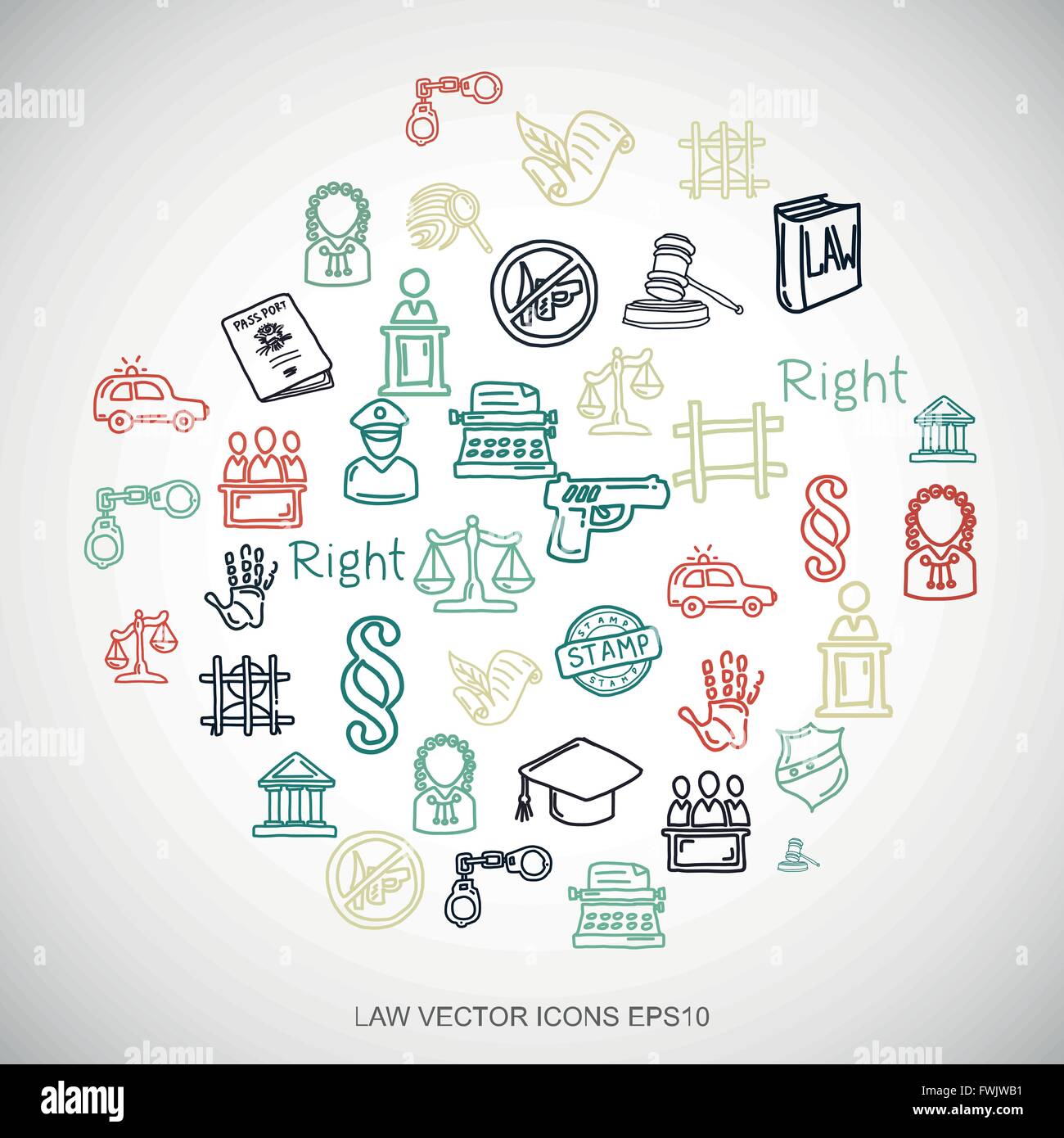 Multicolor Gesetz doodles Hand gezeichnet Gesetz Symbole auf weiß ...