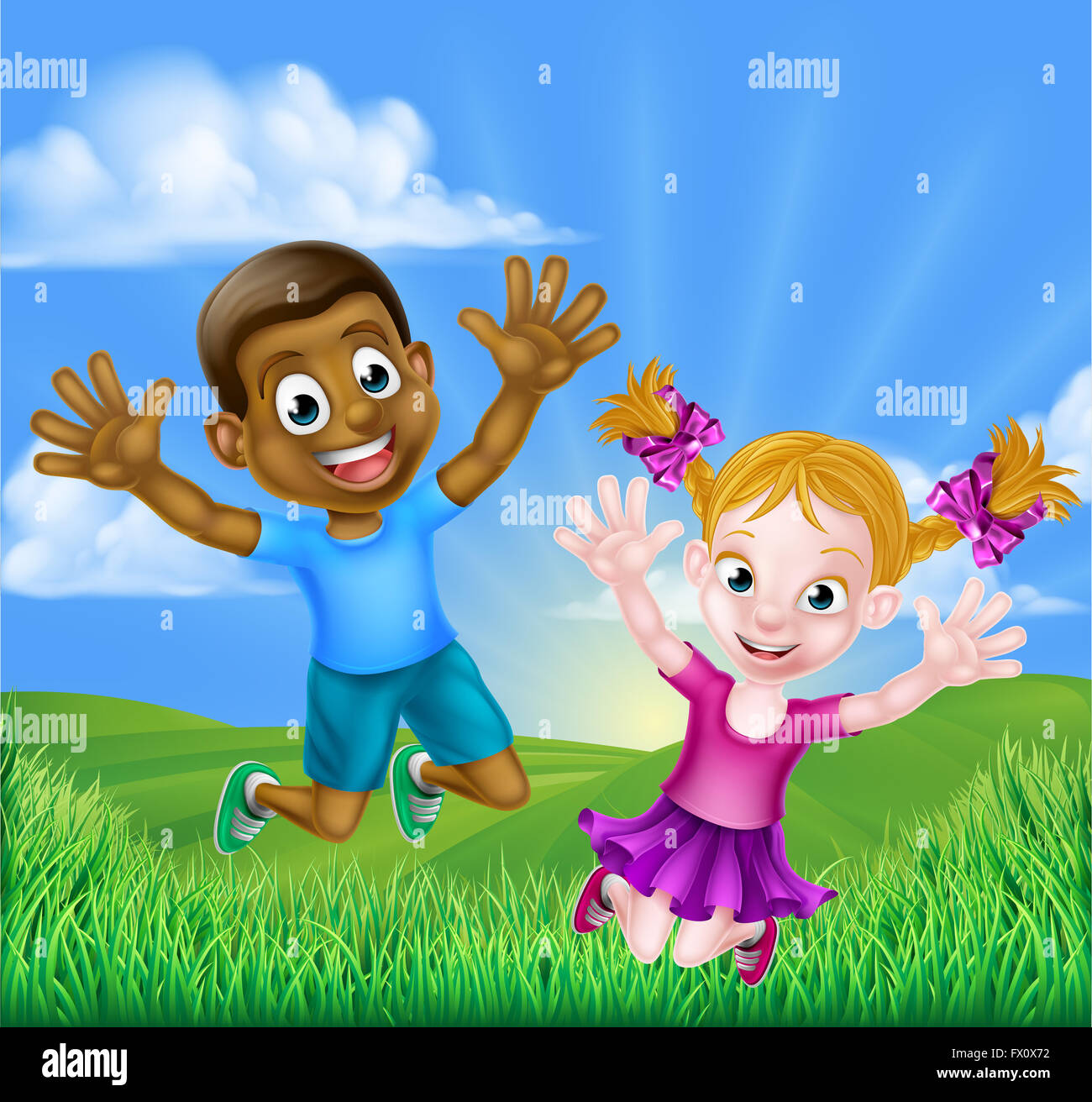 Glücklich Cartoon junge und Mädchen, eine schwarze und eine weiße ...